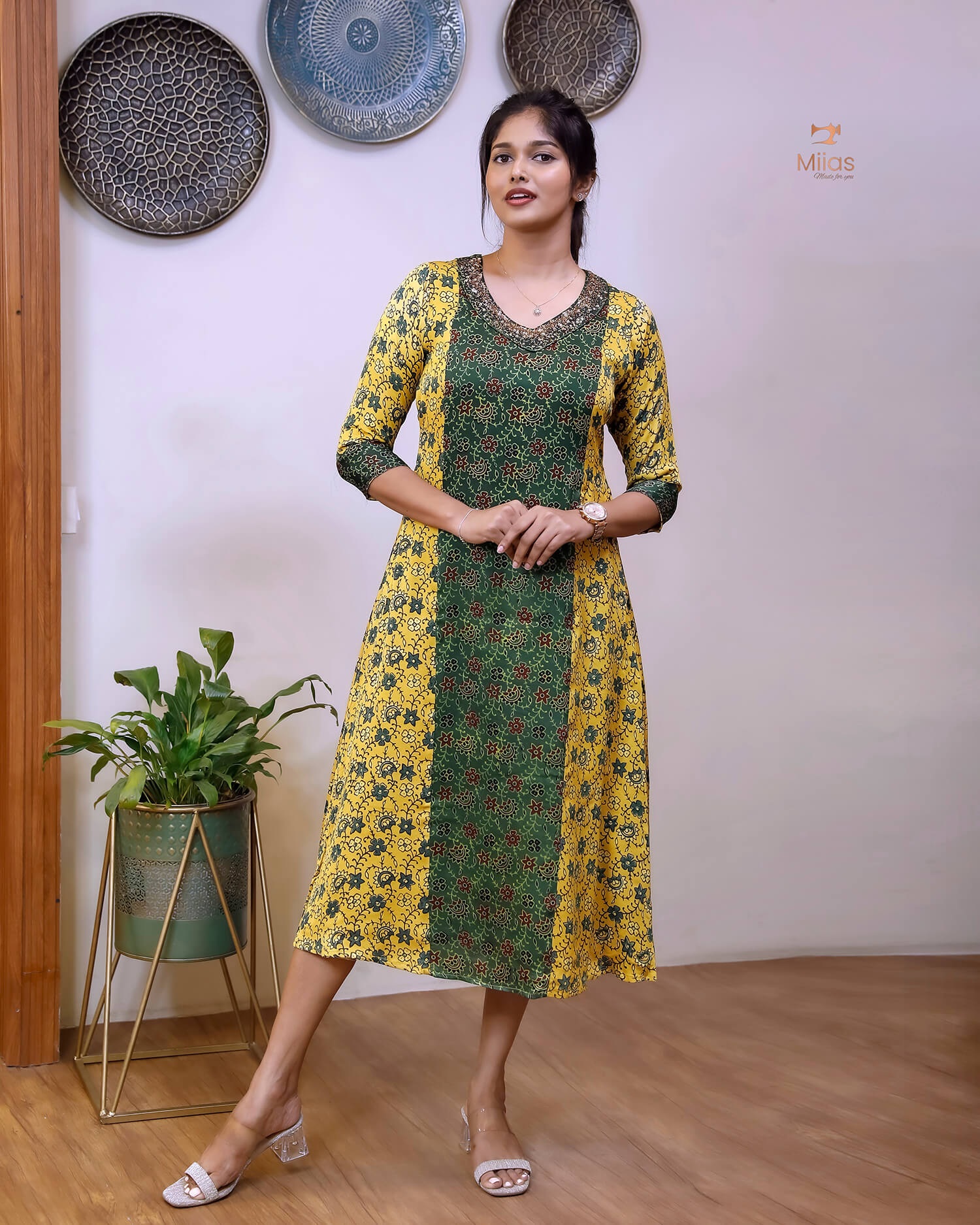 Modal Silk Printed Kurti | Contrast Panels & Sequins-Yellow – Miias